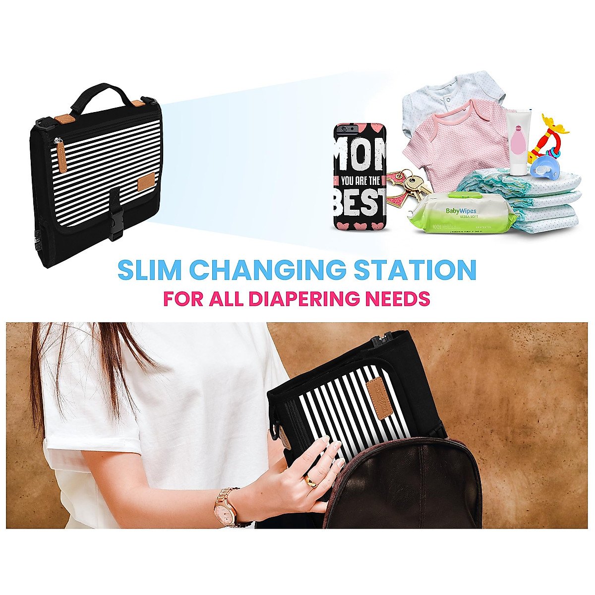 Portable Changing Pad with Shoulder Strap - Detachable Travel Changing Pad - Baby Shower Gifts - Fully Padded & Lightweight - Baby Boy Gifts - Diaper Changing Pad - Changing Mat 27"x22" - Black