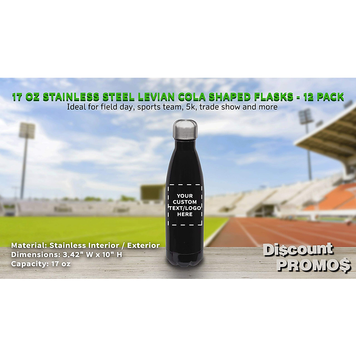 DISCOUNT PROMOS Custom Levian Cola Shaped Flasks 17 oz. Set of 12, Personalized Bulk Pack - Perfect for Gym, Camping, and Any Indoor/Outdoor Activities - Black