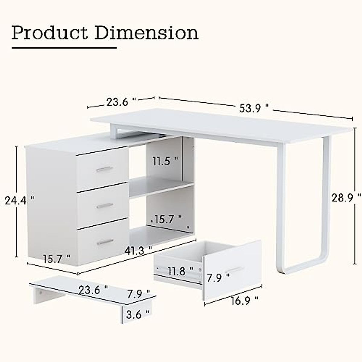 Anbuy L-Shaped Desk with Monitor Stand, Large Corner Computer Office Desk with Reversible 3 Drawers File Cabinet and Shelves, Modern Study Writing Table Workstation with Storage Cabinet