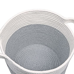 KEEGH Large Cotton Rope Blanket Basket 15" x 18" for Living Room Decorative Woven Laundry Basket with Hanldes Nursery Toy Basket Floor Storage Basket for Blankets Pillows Toys Towels, White & Grey