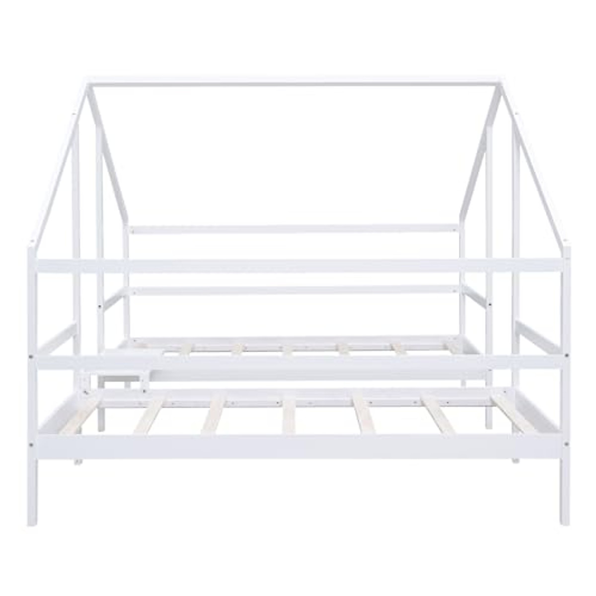 BOVZA Double Twin Size Triangular House Beds for Kids, Wood Bed Frame with Built-in Table, 2 Twin Platform Beds for Kids Teens, White