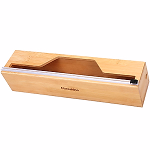 Libreshine Long Foil and Plastic Wrap Organizer with Cutter, Holder for 15 Inch Parchment Paper Roll, Bamboo Wall Mount Kitchen Wrap Dispenser