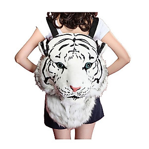Domineering backpack stuffed tiger head 3D simulation personalised shoulder Bag Animal head shoulders bag (large, tiger white)