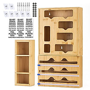 Ziplock Bag Organizer Set of 3, Foil and Plastic Wrap Dispenser with Cutter, Bamboo Baggie Organizer for Drawer, Food Storage Bag Organizer for Gallon Quart Sandwich Snack Bag