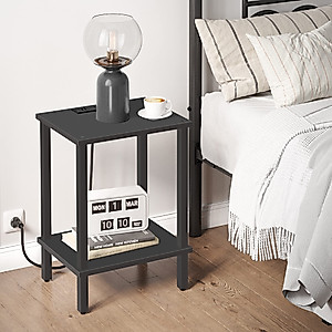 TUTOTAK End Table with Charging Station, Side Table with USB Ports and Outlets, Nightstand, 2-Tier Storage Shelf, Sofa Table for Small Space TB01BK040