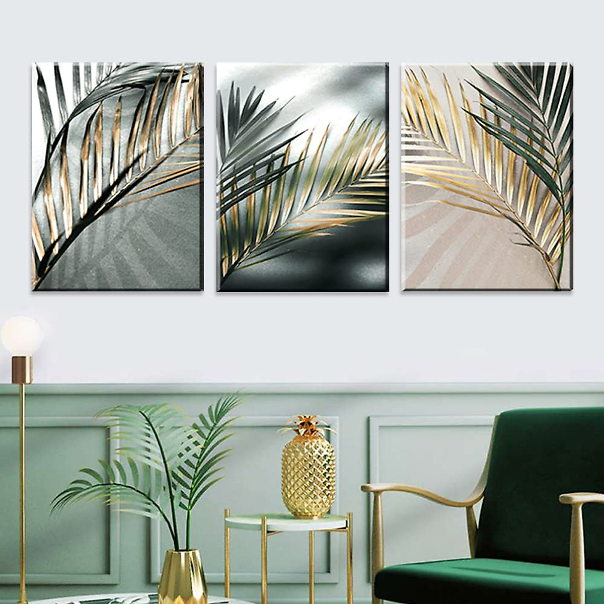 Sdmikeflax Botanical Wall art for Living Room Tropical Plant Wall Art Canvas Prints Set Bathroom Decor Wall Art, Contemporary Green Gold Wall Art for Bedroom, Modern Wall Pictures Office Wall Art