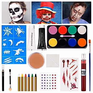 Halloween Makeup Kit for Adults Kids - Zombie Skeleton Vampire Clown Witch SFX Makeup kit, Black White Scary Halloween Cosplay Face Paint Make Up Set Fake Blood Tattoo Stickers 8-Color Makeup Palette