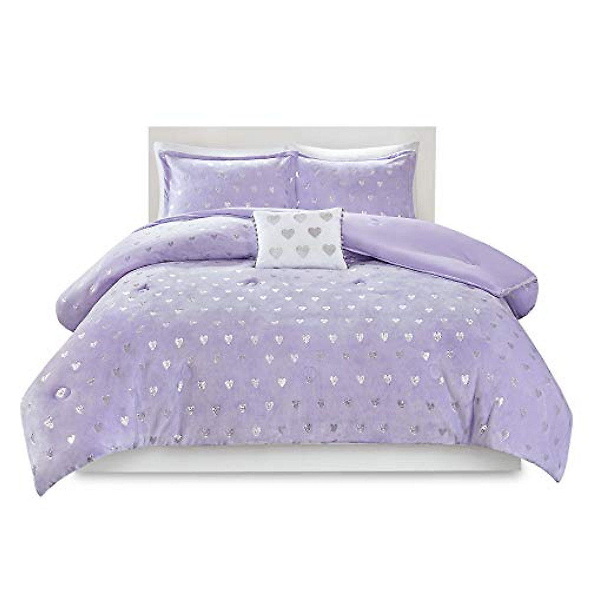 Mi Zone Rosalie Comforter Set for Girls, Ultra-Soft Microlight Plush Metallic Printed Hearts Brushed Reverse Overfilled Down Alternative Hypoallergenic All Season, Full/Queen, Purple/Silver, 4 Piece