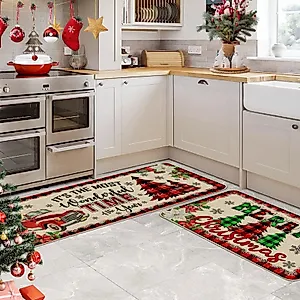 cusugbaso Christmas Kitchen Mats, Merry Christmas Kitchen Rugs Set of 2 - Red Buffalo Plaid Christmas Kitchen Decor - Truck Christmas Decorations for Bathroom,Floor,Indoor,Home 17"x27+17"x47"