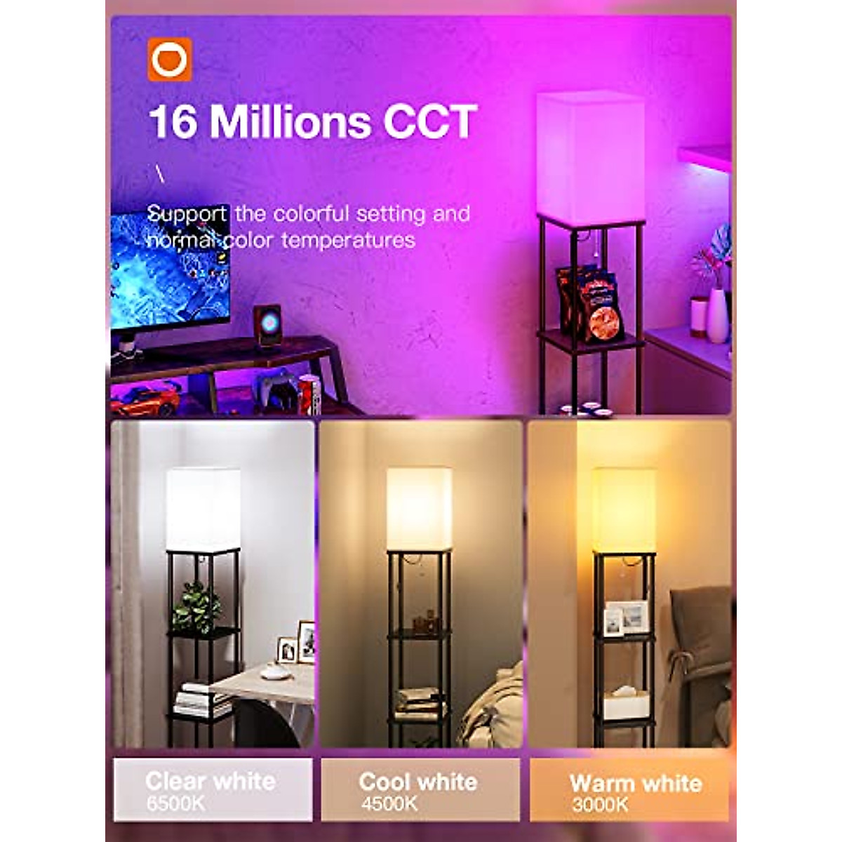 addlon Smart Modern Shelf Floor Lamp with RGB Bulb and White Lamp Shade - Display Floor Lamps with Shelves for Living Room, Bedroom and Office - Classic Black