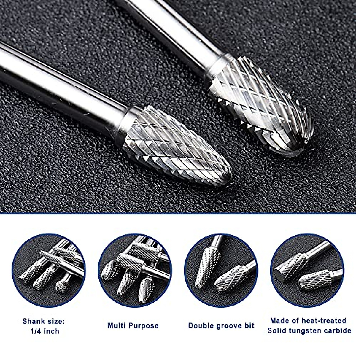YUFUTOL Carbide Burrs Set 10pcs Double Cut Solid Carbide Rotary Burr Set 1/4" Shank Die Grinder Bits for Steel,Metal Carving, Polishing,Engraving,Drilling