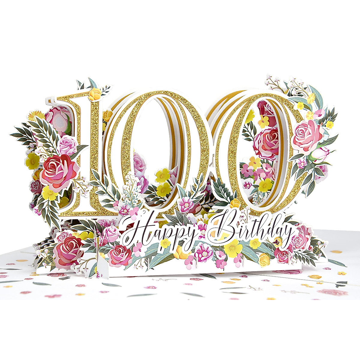 100th Birthday Pop-Up Card, Elegant Floral Design with Glittering Gold Accents, Stunning 3D Pop-Up Greeting Card for Milestone Celebrations