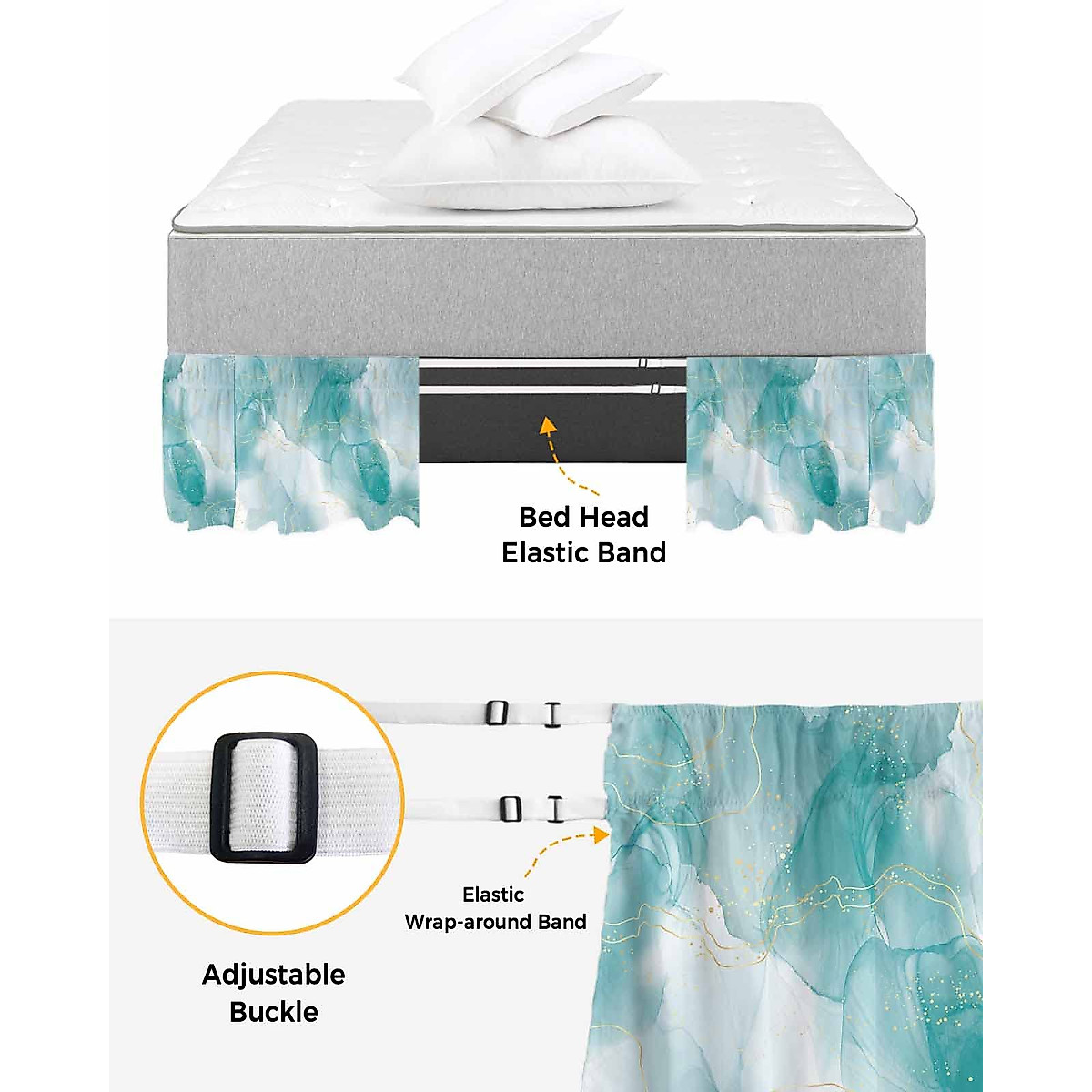 Marble Agate Bed Skirt Queen Size 16 Inch Drop, Adjustable & Elastic Wrap Around Bed Skirts Pleated Luxury Dust Ruffles for Twin Full Queen Cal King Base Bed, Marbling Gold Gradient Aqua Turquoise