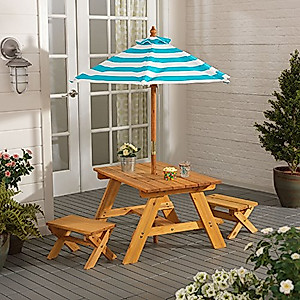 KidKraft Outdoor Wooden Table & Bench Set with Striped Umbrella, Children's Backyard Furniture, Turquoise and White, Gift for Ages 3-8, Amazon Exclusive