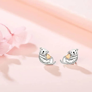 Sea Otter Stud Earrings 925 Sterling Silver Post Tiny Cute Animal Promise Love Heart Statement for Women Small Cartilage Piercing Jewelry Delicate Lovely Gifts Daughter Niece Birthday Xmas