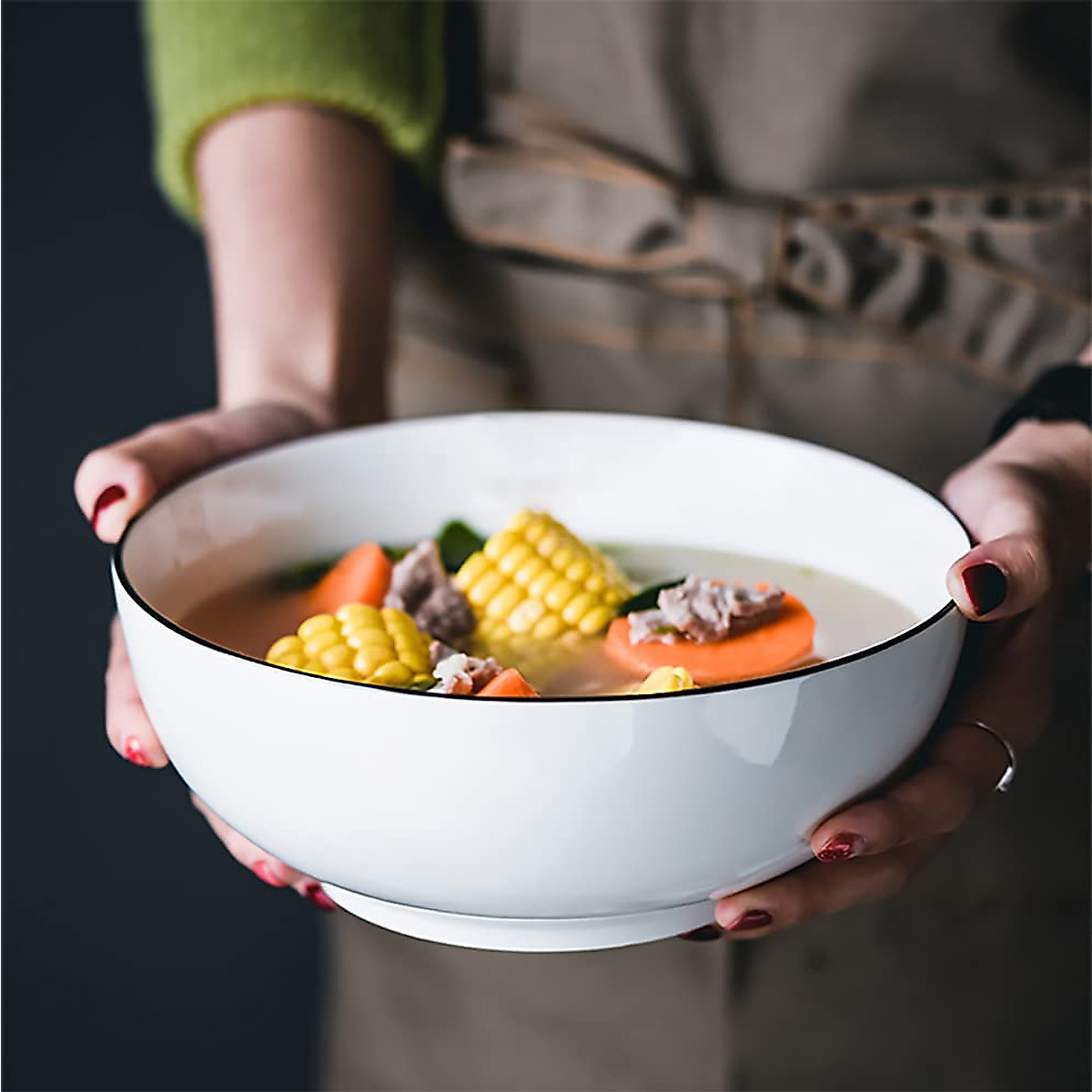 QINLANG 60 Ounces Large Soup Bowl, 8 Inches Pho Bowls, Large Ramen Bowls Set of 3, Off-White Porcelain Big Serving Bowls for Salad and Kitchen