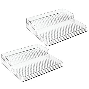 mDesign Plastic Kitchen Food Storage Organizer Shelves, Spice Rack Holder for Cabinet, Cupboard, Countertop, Pantry - Holds Jars, Baking Supplies, Canned Food - 2 Levels - 2 Pack - Clear