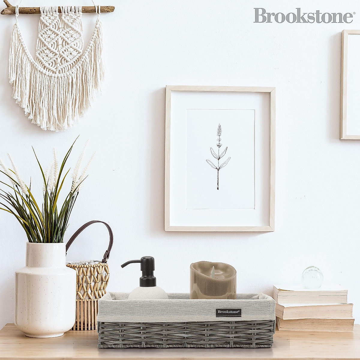 BROOKSTONE [2 PIECE SET] Wicker Storage Basket with Crafted Side Handles, Boho Organization and Storage, Woven Decorative Shelf Bin, Over the Toilet Paper Reserve, Suitable for Any Home Décor Style