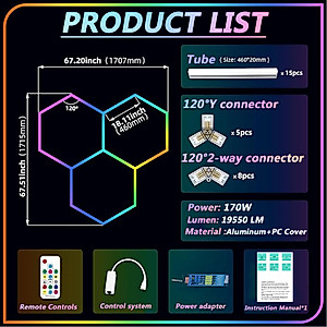 lylunnamsp RGB Hexagon Garage Light with Remote, 15 Pack Hexagon Lights, RGB Dimmable and Speed Adjustable LED Hexagon Lights, 358 Modes, LED Ceiling Lights for Gaming Room Bar Party