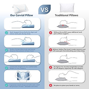 Loucima Cervical Neck Pillows for Pain Relief Sleeping, 2-Way Adjustable Orthopedic Pillow with Ergonomic Hollow Design for Spine Aligning, Memory Foam Contour Bed Pillow for Side Back Stomach Sleeper