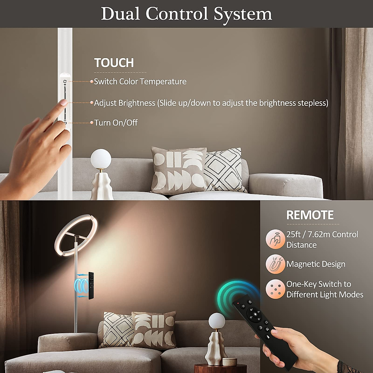 FIMEI Split Floor Lamp, Modern Bright LED Rotatable Floor Lamp with Reading Light for Home, Standing Lamp with Stepless Dimming and 3000K-6000K Color Temperature, Touch and Remote Control-Black