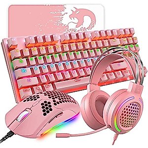 4-in-1 Gaming Keyboard Mouse Combo,87 Keys Rainbow Mechanical Keyboard,RGB 12000 DPI Lightweight Pink Gaming Mouse with Honeycomb Shell,3.5mm Gaming Stereo Headset for PC Laptop Computer