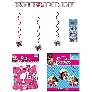 Barbie Birthday Party Supplies Bundle includes 1 Happy Birthday Banner, 3 Hanging Swirl Decorations, 1 Dinosaur Sticker Sheet