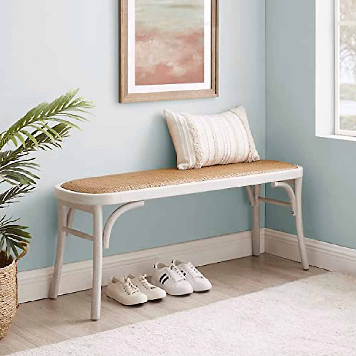 Linon White Bentwood Natural Woven Rattan Seat Hank Bench, White & Natural