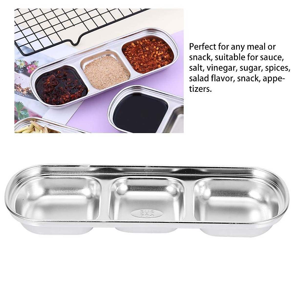 Stainless Steel Sier Sauce Dish Seasoning Dish Snack Plate Divided Food Dipping Bowl Kitchen Tableware for Salt Vinegar Sugar(3 Grids)