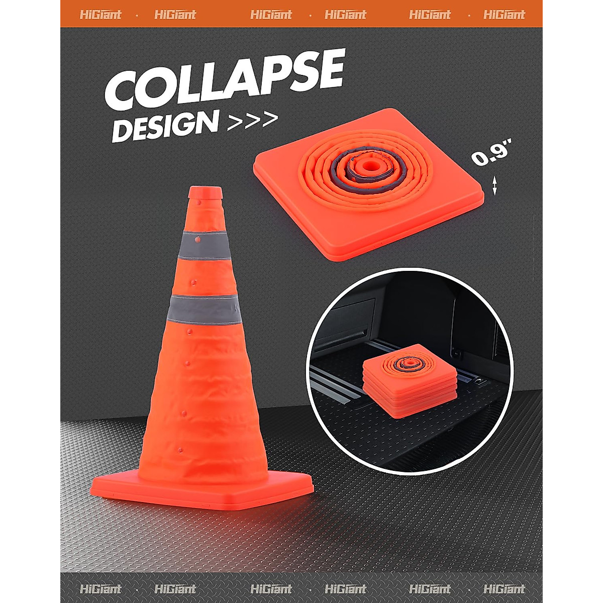 HiGiant [4 Pack] Collapsible Traffic Safety Cones 18'' inch, Orange Pop-up Cones with Reflective Collar, Caution Cones for Road Driving Practice and Parking Lot
