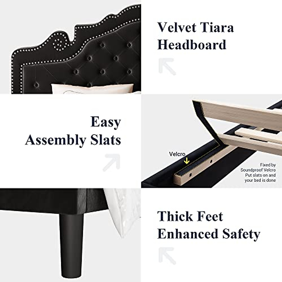 Allewie Full Size Bed Frame with Velvet Tiara Headboard, Upholstered Diamond Button Tufted Platform Bed, Sturdy Wood Slats Support, No Box Spring Needed, Black