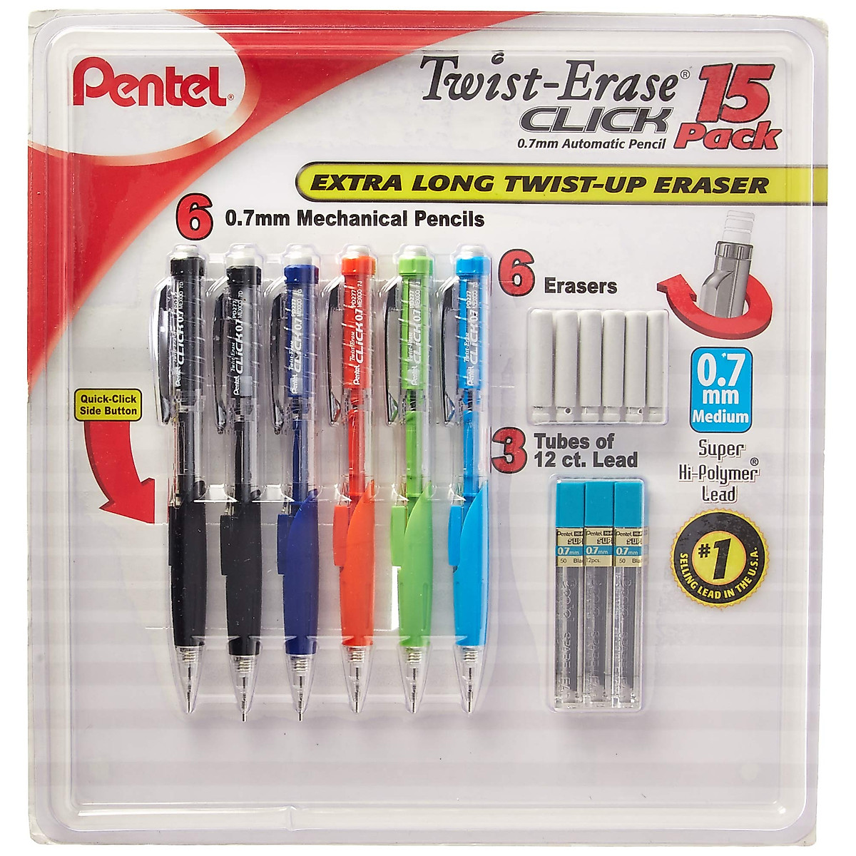 Pentel Twist-Erase Click Mechanical Pencil Set - 6 Mechanical Pencils, 6 Extra Erasers, 3 Tubes of Lead Refills