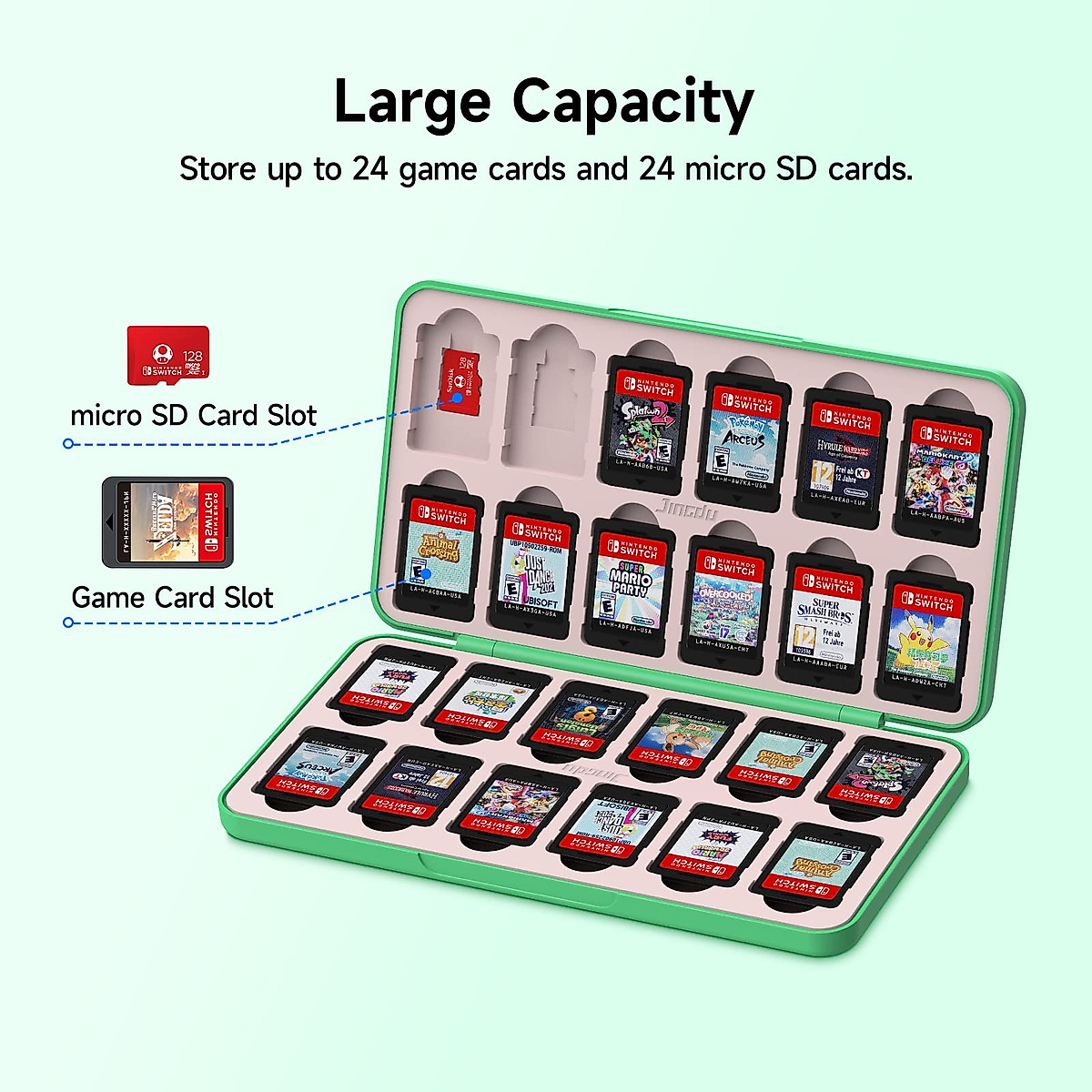 JINGDU 24-Slot Switch Game Card Case Compatible with Switch Game & micro SD Cards, Hard Shell, the Cute Games Holder Organizer Suitable for NS, Lite & OLED Game Card, acnh Leaf
