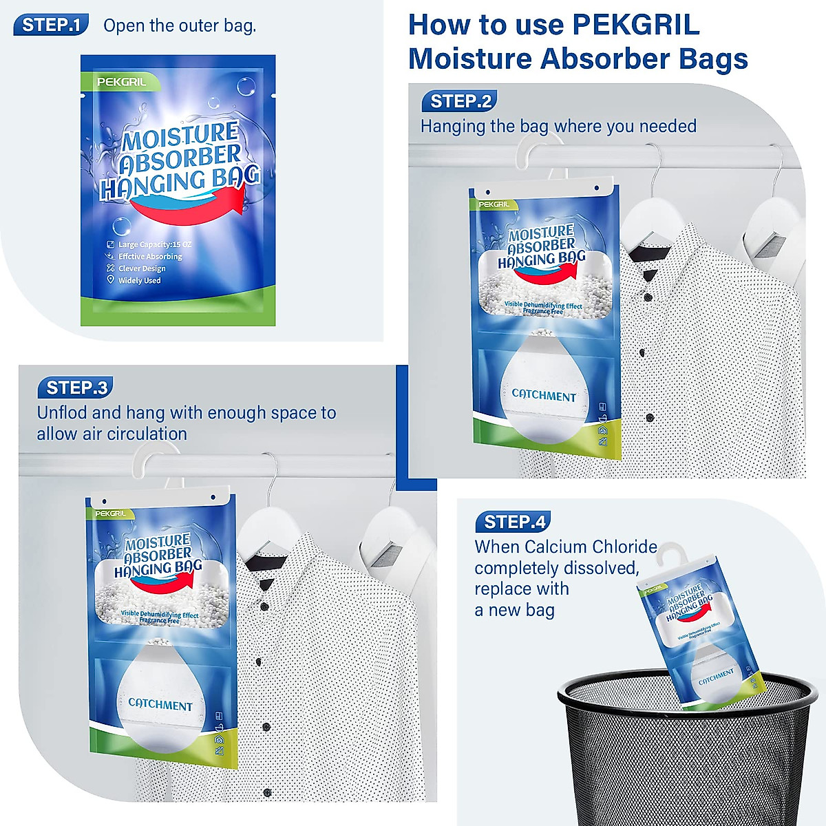 PEKGRIL Moisture Absorber Boxes 500mL (8 Packs),Fragrance Free Dehumidifier, Moisture Absorber bucket,Attracts Extra Moisture from Closets,Bathrooms,Laundry Rooms,Pantries, Storage