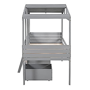 Merax Twin Kids Wood Low Loft House Bed with Drawers and Ladder Loft Bunk Bed for Juniors,Boys, Girls,No Box Spring Needed, Gray