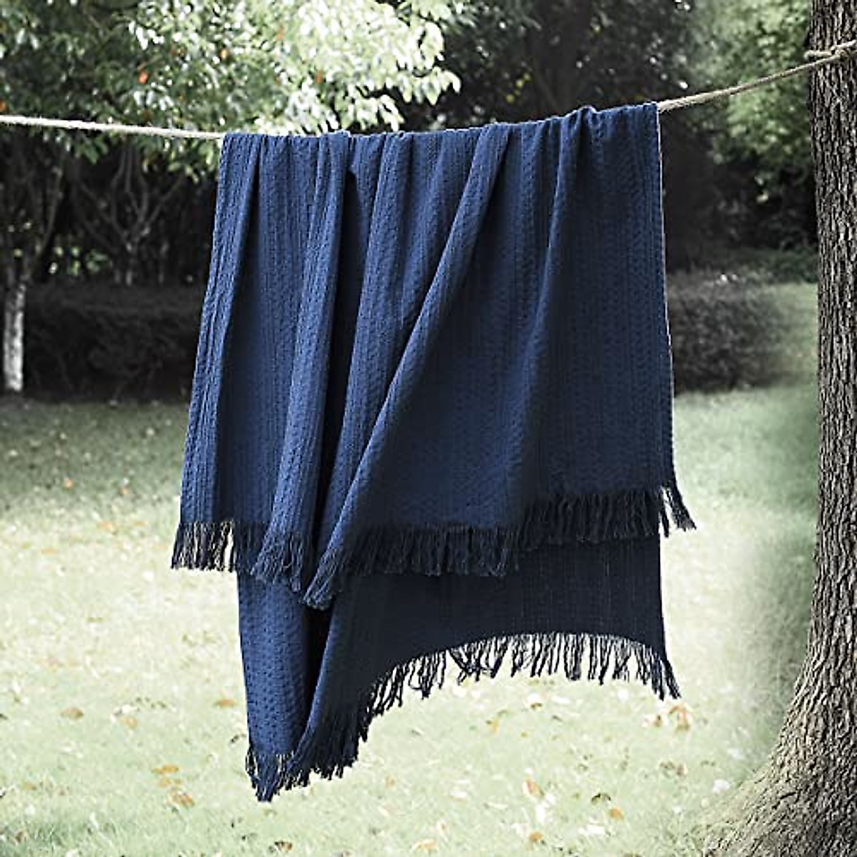 100% Cotton Throw Blanket, Waffle Woven Navy Blue Thin Decorative Blanket with Fringe, Rustic Pre-Washed Soft, Cozy, Light Weight Blanket for Couch, Travel, Farmhouse Boho Style Throw, 60'' x 80''