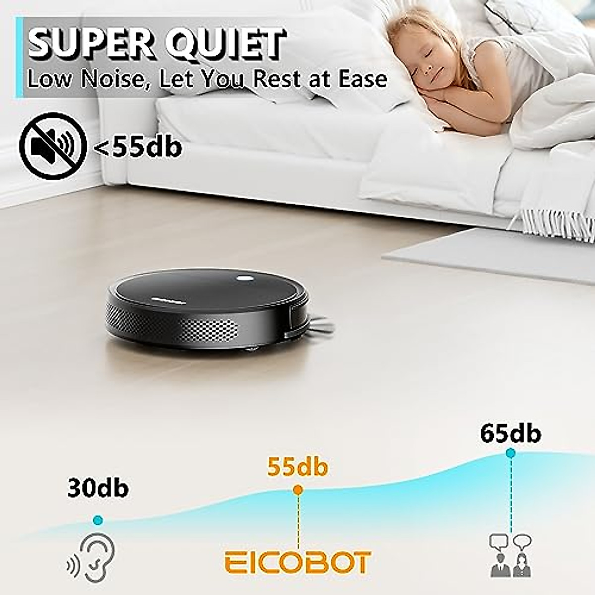 EICOBOT Robot Vacuum Cleaner, 2300Pa Strong Suction Power, Tangle-Free, Slim, Quiet, 120 Mins Runtime, Auto Self-Charging Robotic Vacuum Cleaner Ideal for Low Carpet, Pet Hair, Hard Floors, Black