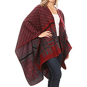 Sakkas 1928 - Lupe Womens Reversible Poncho Wrap Cape Shawl Sweater Coat Cardigan Pattern - Zigzag Burgundy - OS
