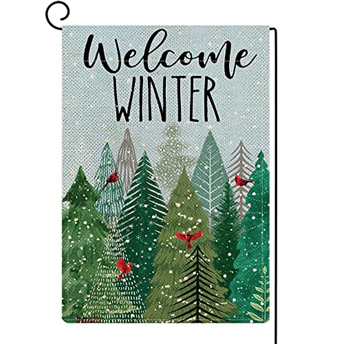 ORTIGIA Welcome Winter Pines Tree Garden Flag Christmas Tree Burlap Vertical Double Sided Winter Forest Cardinal Red Bird Yard Flag for Outside Xmas Farmhouse Seasonal Outdoor Flag 12x18 Inch
