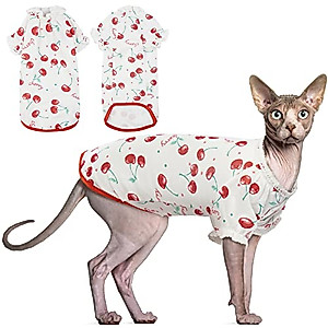 DENTRUN Cherry Pattern Sphynx Hairless Cats Shirt, Pullover Kitten T-Shirts with Puff Sleeves, Breathable Cat Wear Cute Turtleneck Sweater Adorable Cat's Clothes Vest Pajamas Jumpsuit, XS