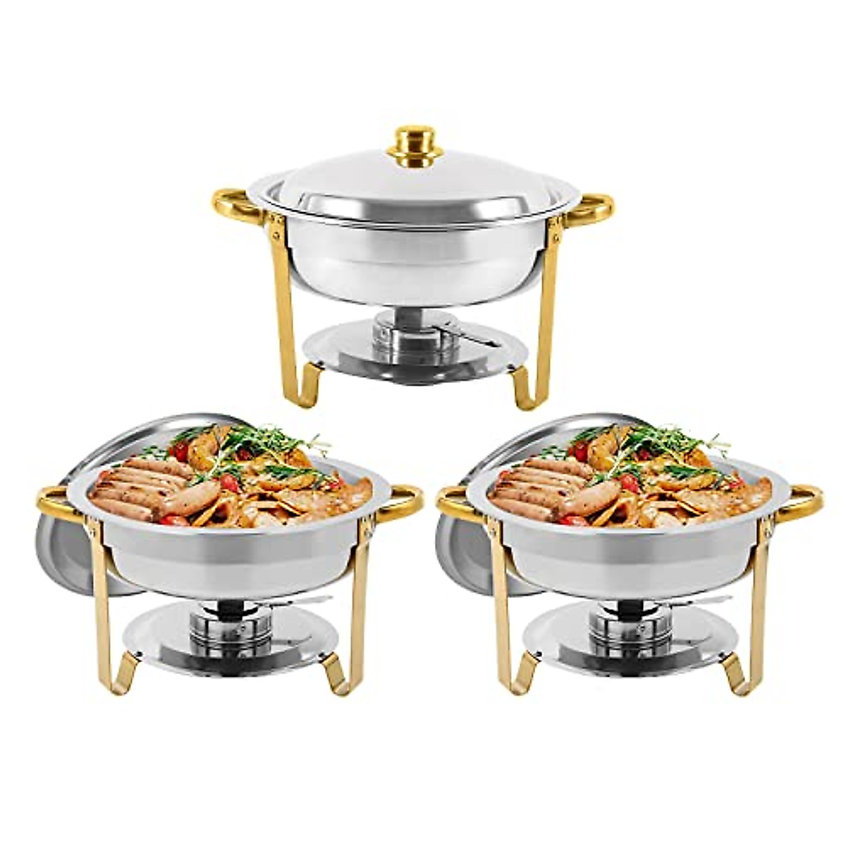 Restlrious Chafing Dish Buffet Set Round Stainless Steel 5QT Chafers and Buffet Warmers Sets for Catering, Complete Set with Water Pan, Food Pan, Fuel Holder and Lid in Gold Accents, 3 Pack