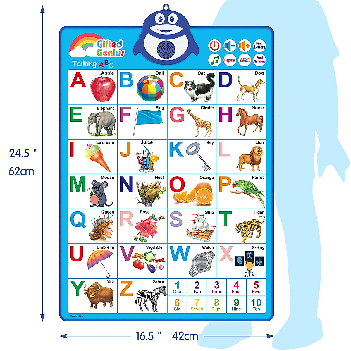 Gifted Genius Electronic Interactive Alphabet Wall Chart, Talking ABC & 123s & Music Poster, Best Educational Toy for Toddler. Kids Fun Learning at Daycare, Preschool, Kindergarten for Boys & Girls