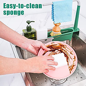 NiHome Multifunctional Telescopic Sink Organizer with Towel Hanger, Drain Basket and Adjustable Length - Ideal for Kitchen, Bathroom and Home Storage (Green/White)