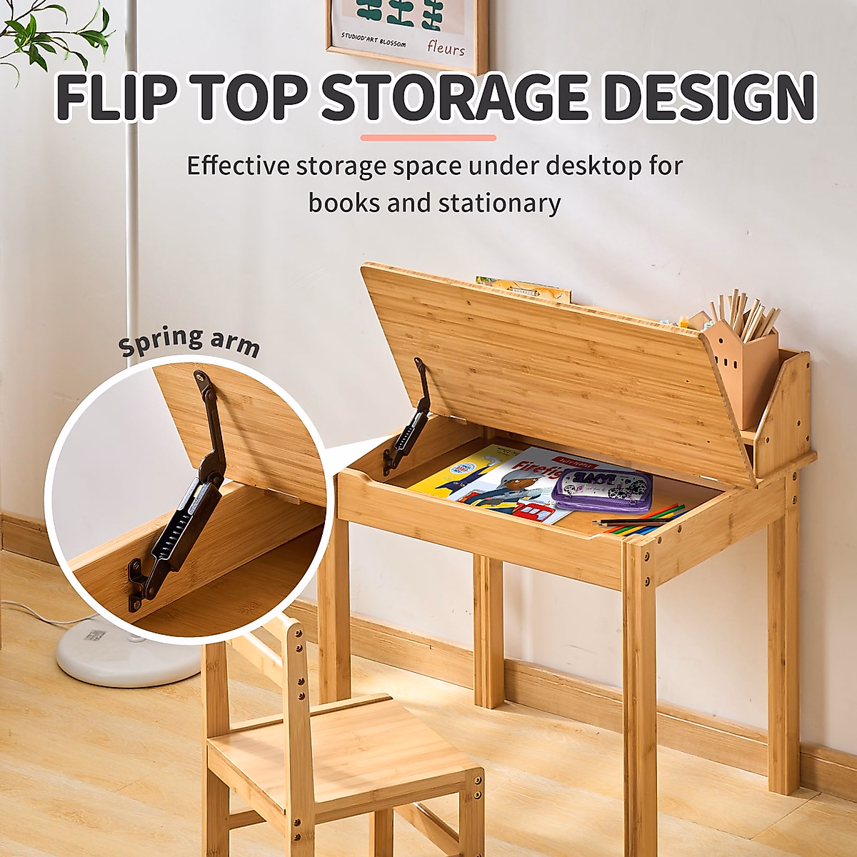 UNICOO® Kid Desk and Chair Set–Bamboo Lift-Top Child Desk with Storage and Hutch, Ideal Kids Desks for Homework, Compact Design for 3-8 Years Old, Small Kids Desk and Chair Set(C007-Nature)