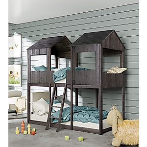 HABUHOME Full Over Full House Bunk Bed with Roof, Wood House Bunk Bed with Window, Guardrail, Ladder for Kids, Teens, Girls, Boys,Gray