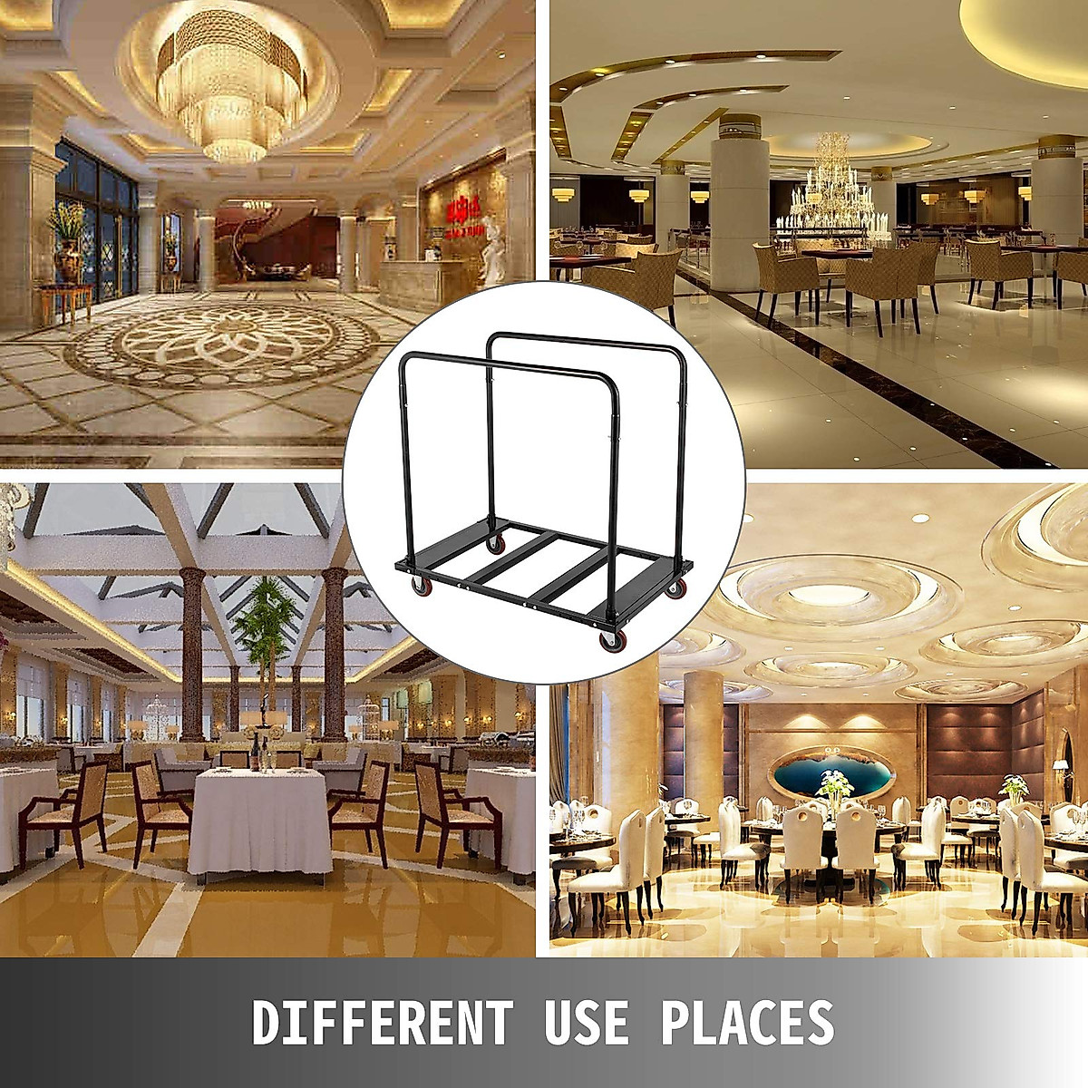 Happybuy Folding Table Cart Black Table Rack for 60" Round Tables Heavy Duty Table Trolley Black Desk Trolley Steel Frame Rolling Casters Party Event Hotel Furniture 10 Table Capacity