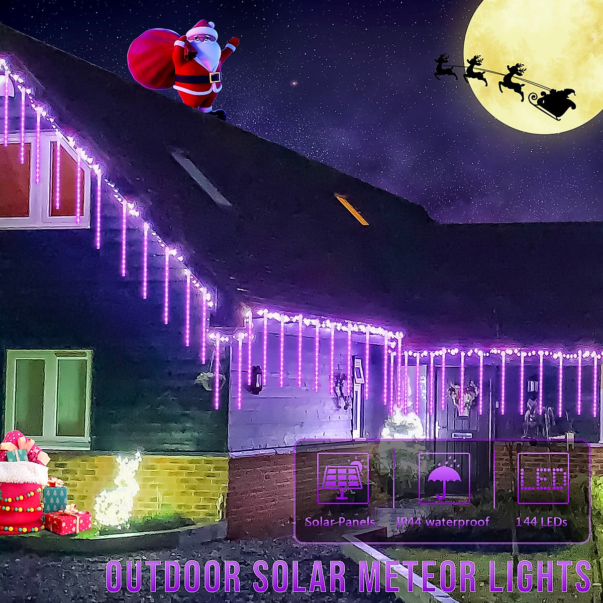 JMEXSUSS Purple Solar Christmas Lights Outdoor Waterproof, 8 Tube 144 LEDs Solar Meteor Shower Rain Lights, Solar Lights for Christmas Tree Halloween Patio Bush Holiday Party Decoration