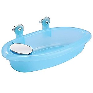 Bird Bath with Mirror, Cute Pet Parrot Bathtub Bird Bathing Box with Mirror Bird Cage Toy Accessory Blue(not for Macaws)