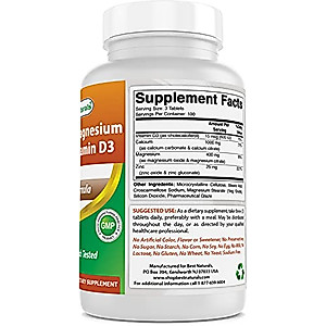Best Naturals Calcium Magnesium Zinc with Vitamin D3, 300 Tablets - Calcium 1000 mg, Magnesium 400 mg, Zinc 25 mg & D3 600 IU per Serving (3 Tablets)