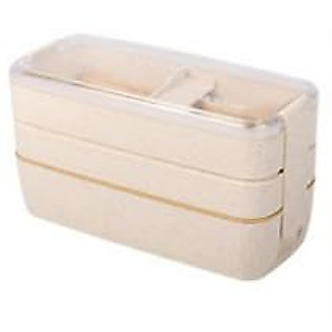 LETSKAB 2-Piece 3-in-1 Compartment Wheatgrass Bento Lunch Box Stackable lunch containers Leak Proof Eco-Friendly Adult Meal Prep Lunch box Container (Pink/Beige)